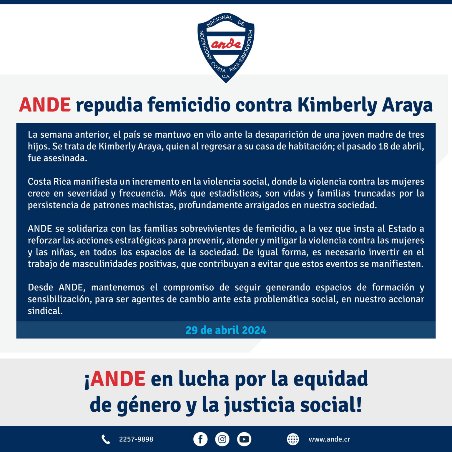 Costa Rica: ANDE repudia femicidio contra Kimberly Araya – Sumemos Igualdad